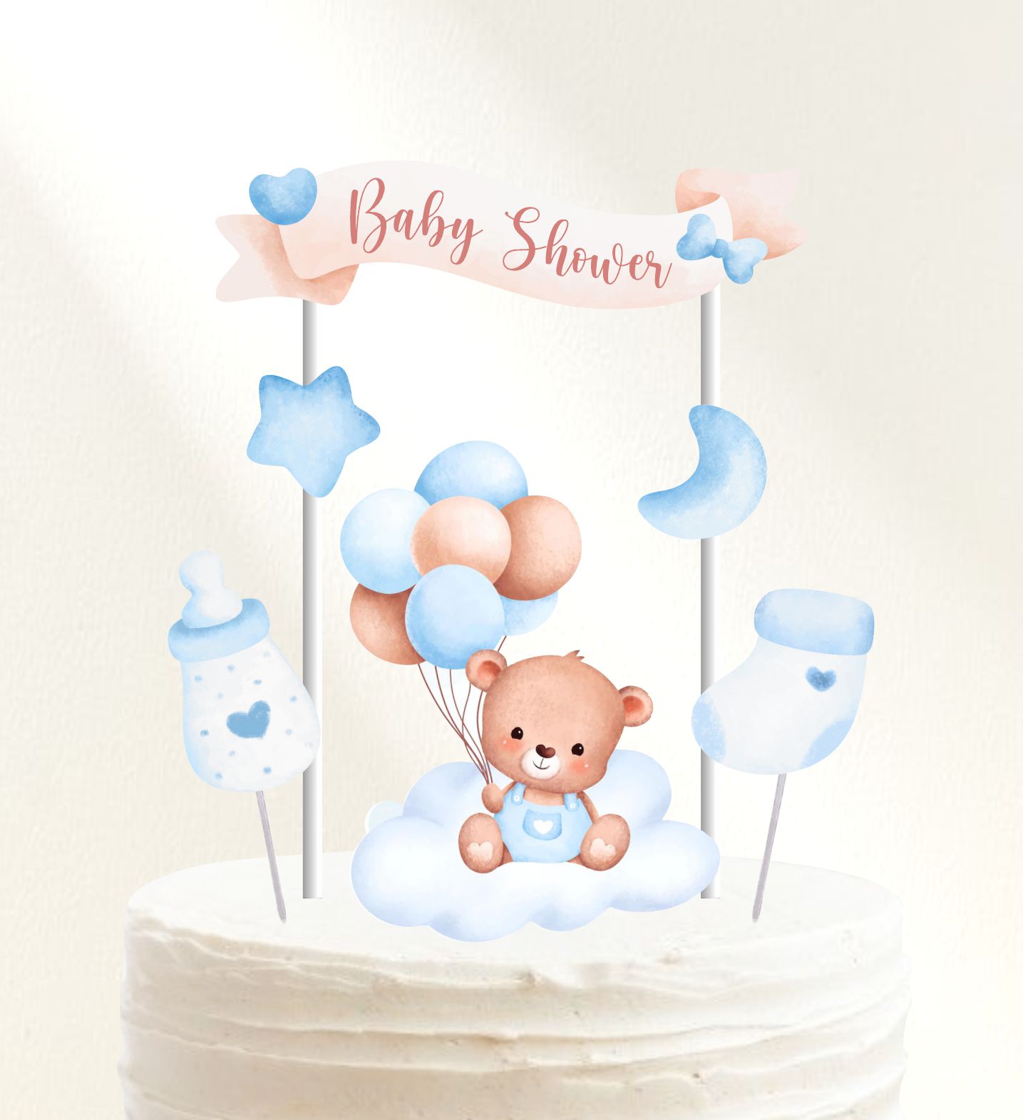 Cake Topper Baby Shower Osito Acuarela Celeste | Taller Creativo