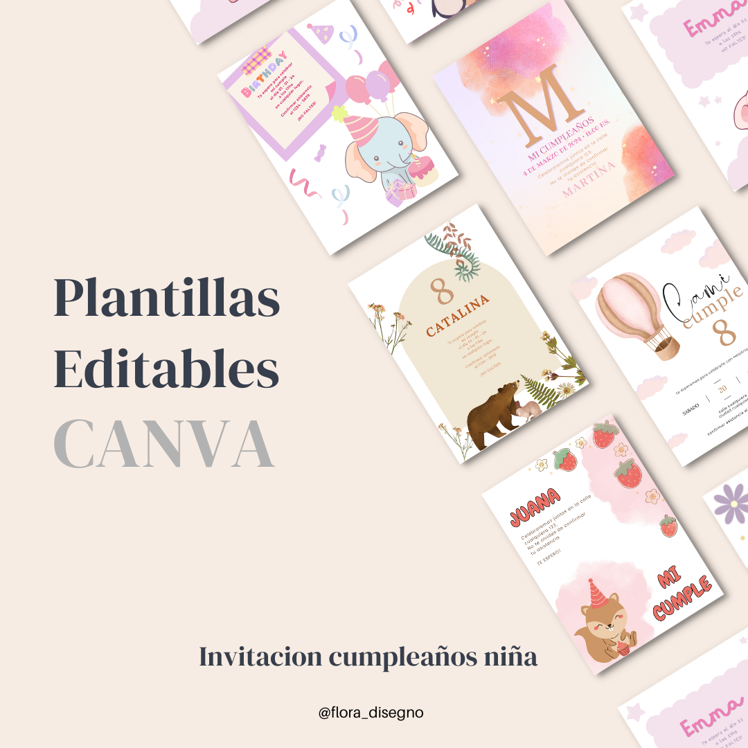 CANVA invitacion cumpleaños niña editables | Flora disegno