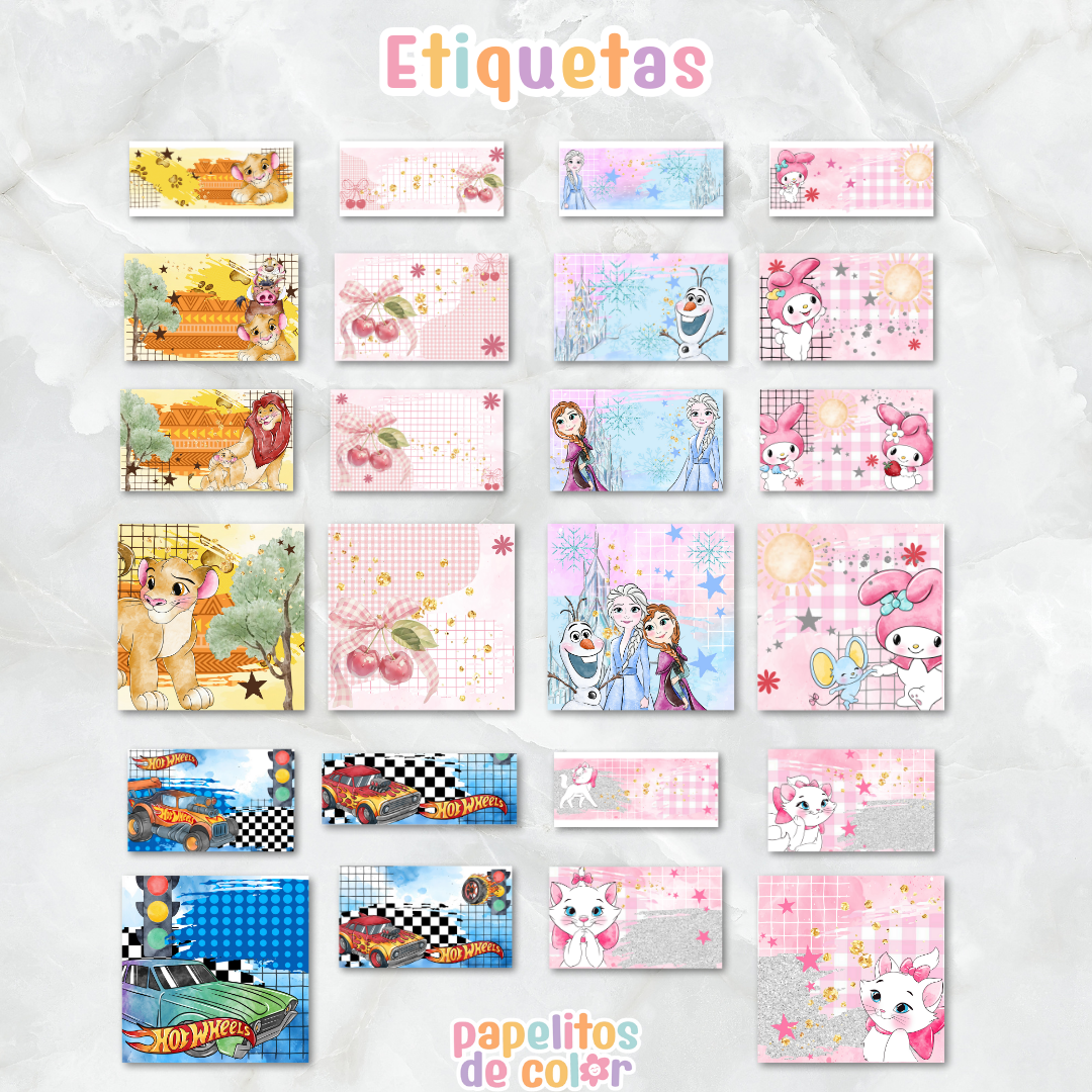🎒 Combo Etiquetas – 39 Personajes ️ | Papelitos de color