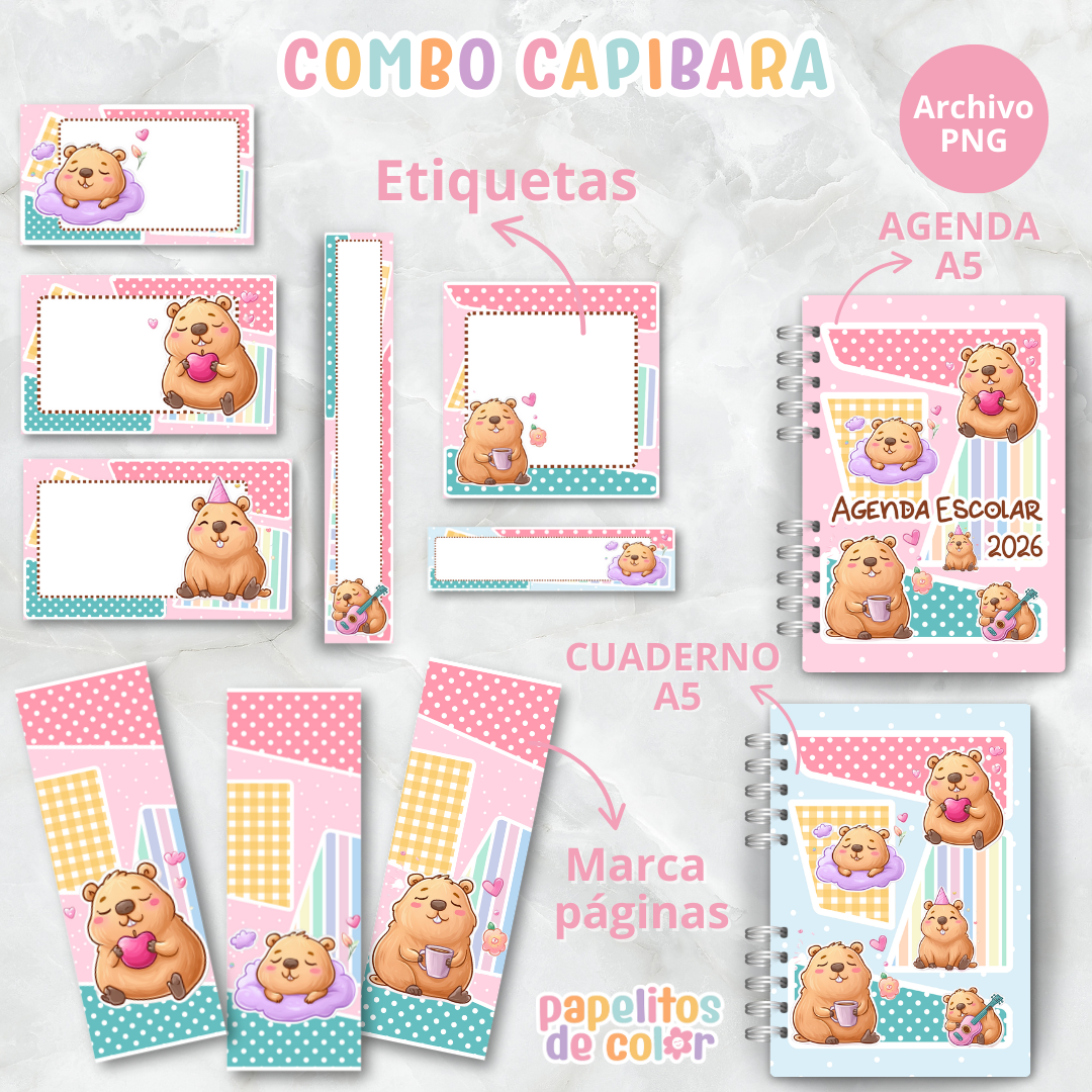 🦫 Combo Capibara Escolar🎒 | Papelitos de color