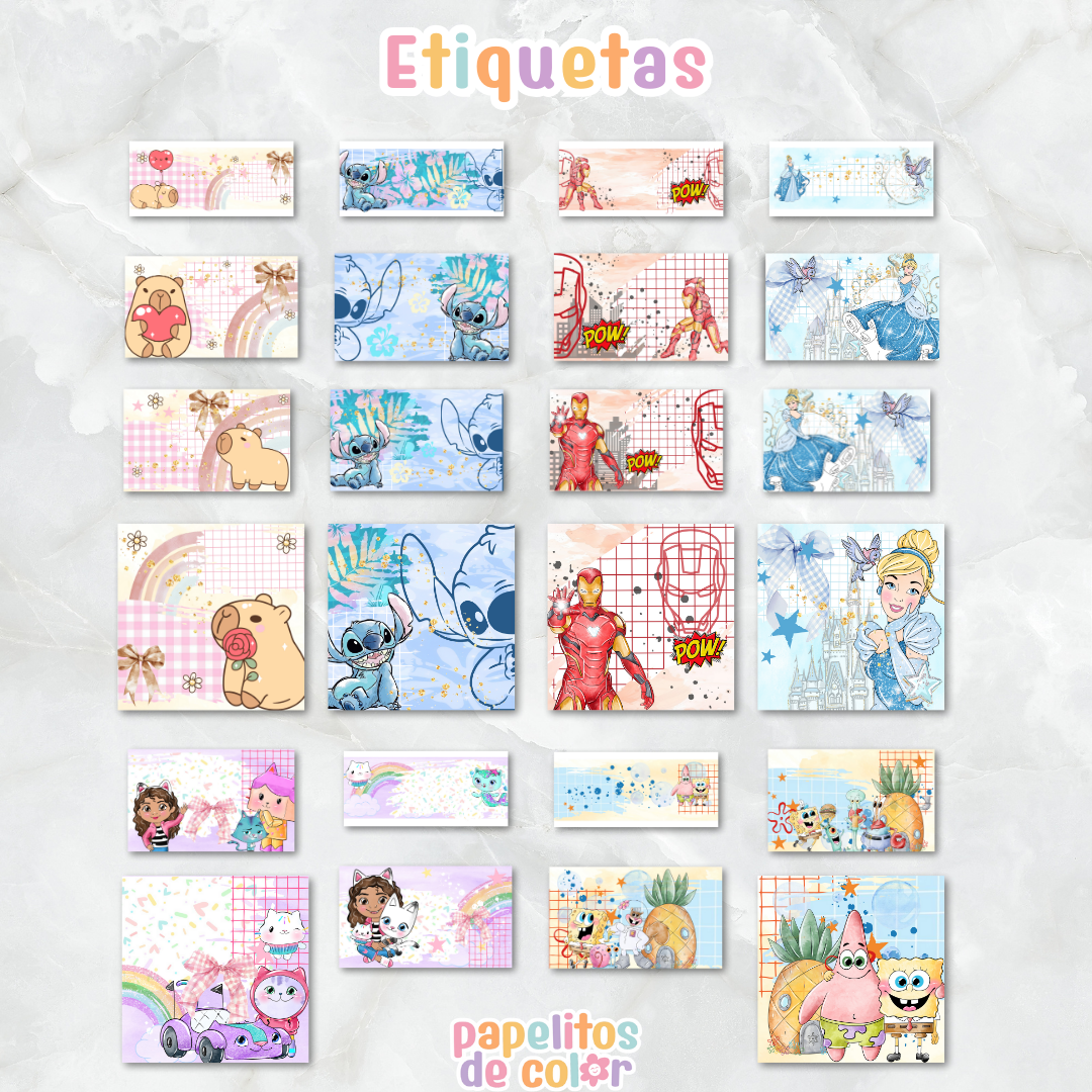 🎒 Combo Etiquetas – 39 Personajes ️ | Papelitos de color