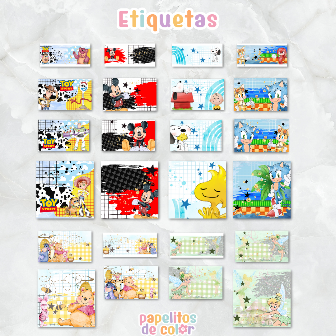 🎒 Combo Etiquetas – 39 Personajes ️ | Papelitos de color