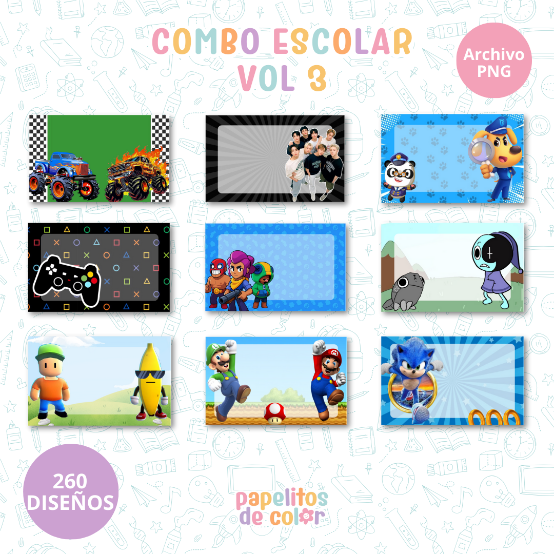 🎒Vol. 3 – Etiquetas Escolares | +200 Diseños🏷️ | Papelitos de color